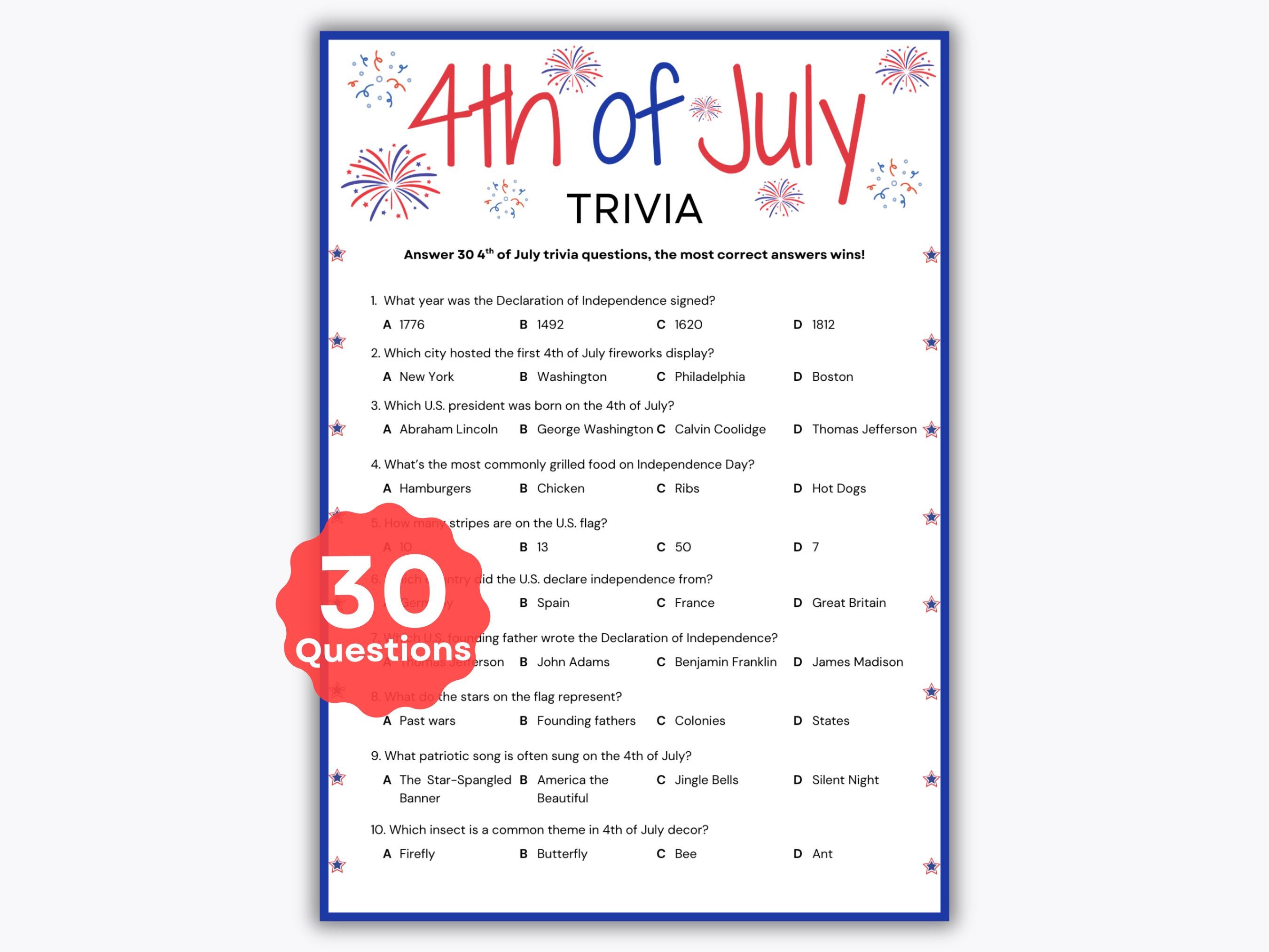 4th of July Trivia Game - 30 Trivia Questions - Independence Day Party ...