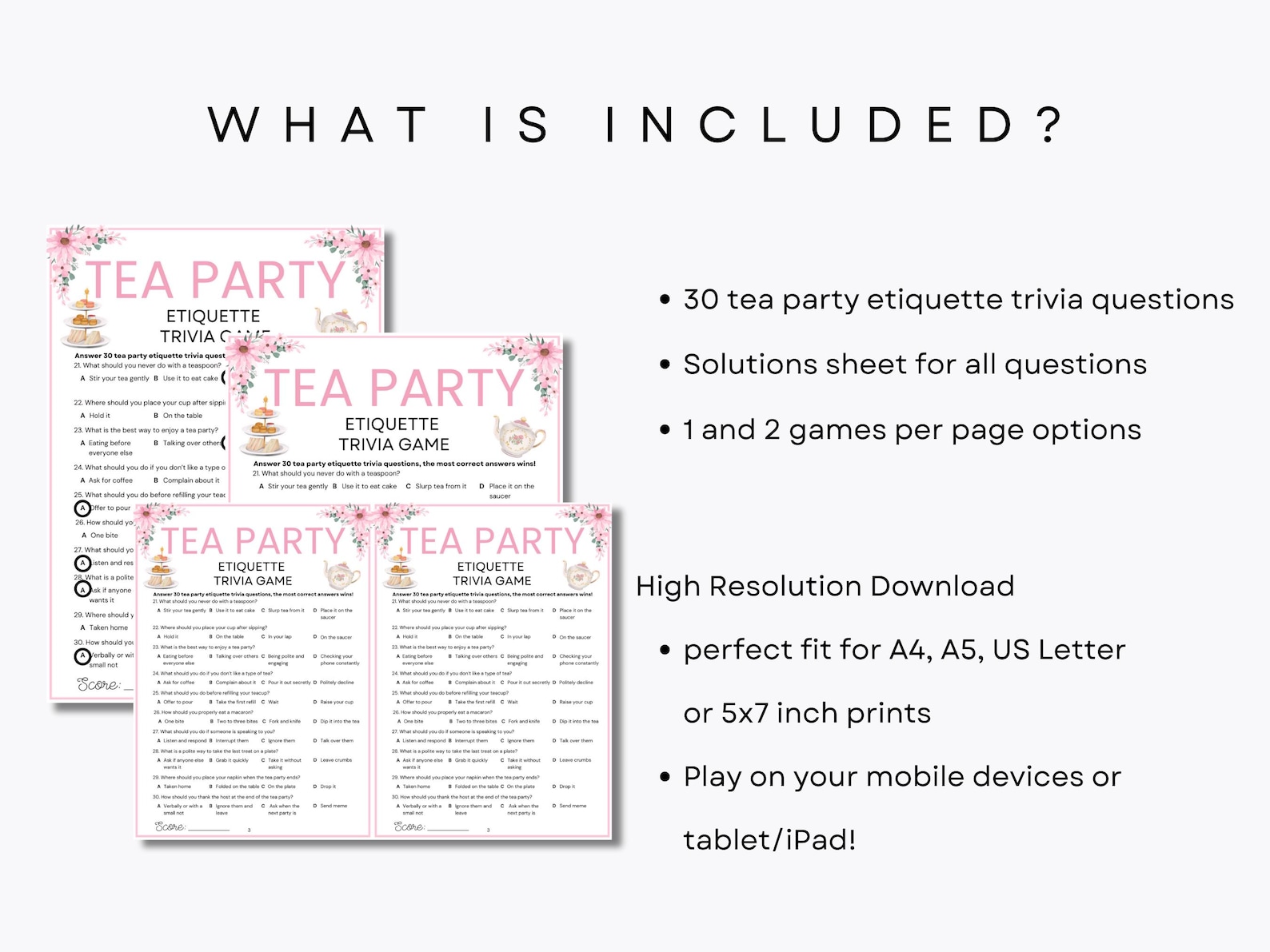 Tea Party Etiquette Trivia Game - 30 Trivia Questions - Afternoon Party ...