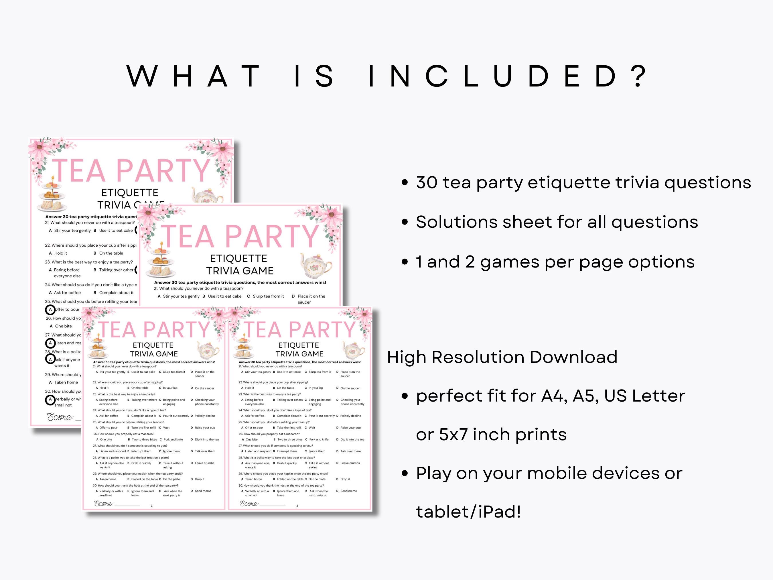 Tea Party Etiquette Trivia Game - 30 Trivia Questions - Afternoon Party ...