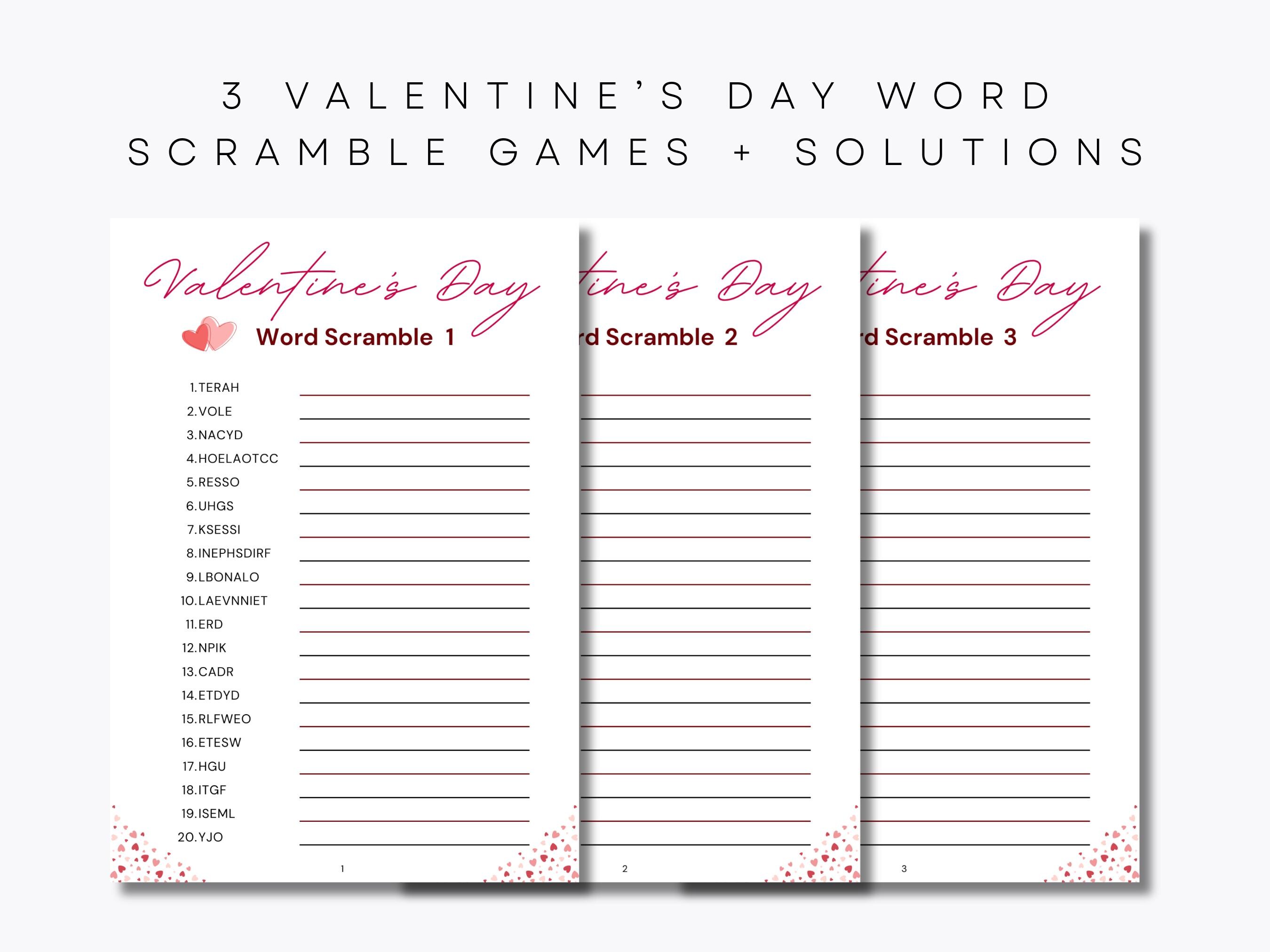 3 Valentine's Day Word Scramble Games - 3 Printable Puzzles - Party Fun ...