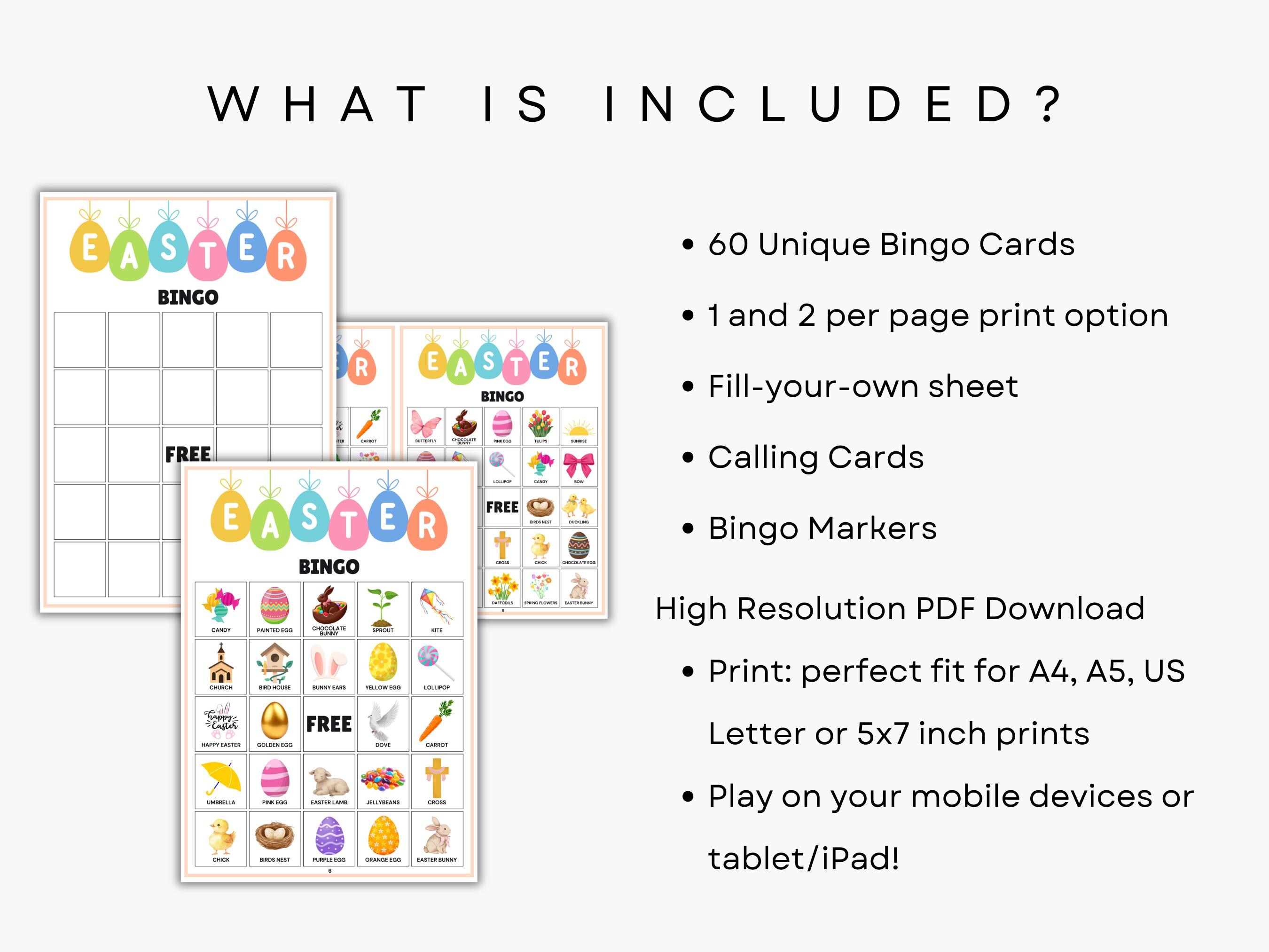 Easter Bingo – 60 Cards, PDF Download – Easter Family Activity – Kids ...