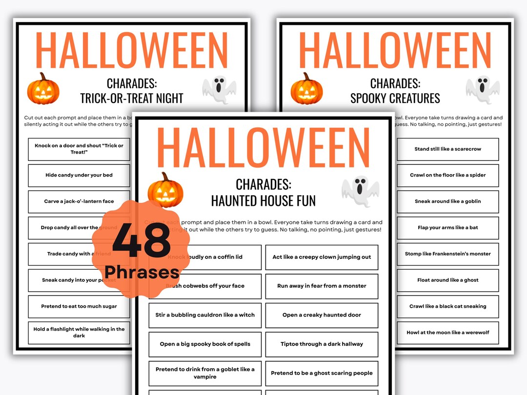 Halloween Charades – 3 Printable Games – 48 Spooky Phrases – Party Game ...