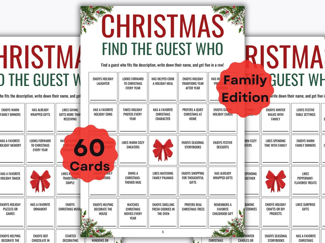 Christmas Find the Guest Who Bingo - Family Edition - 60 Unique ...