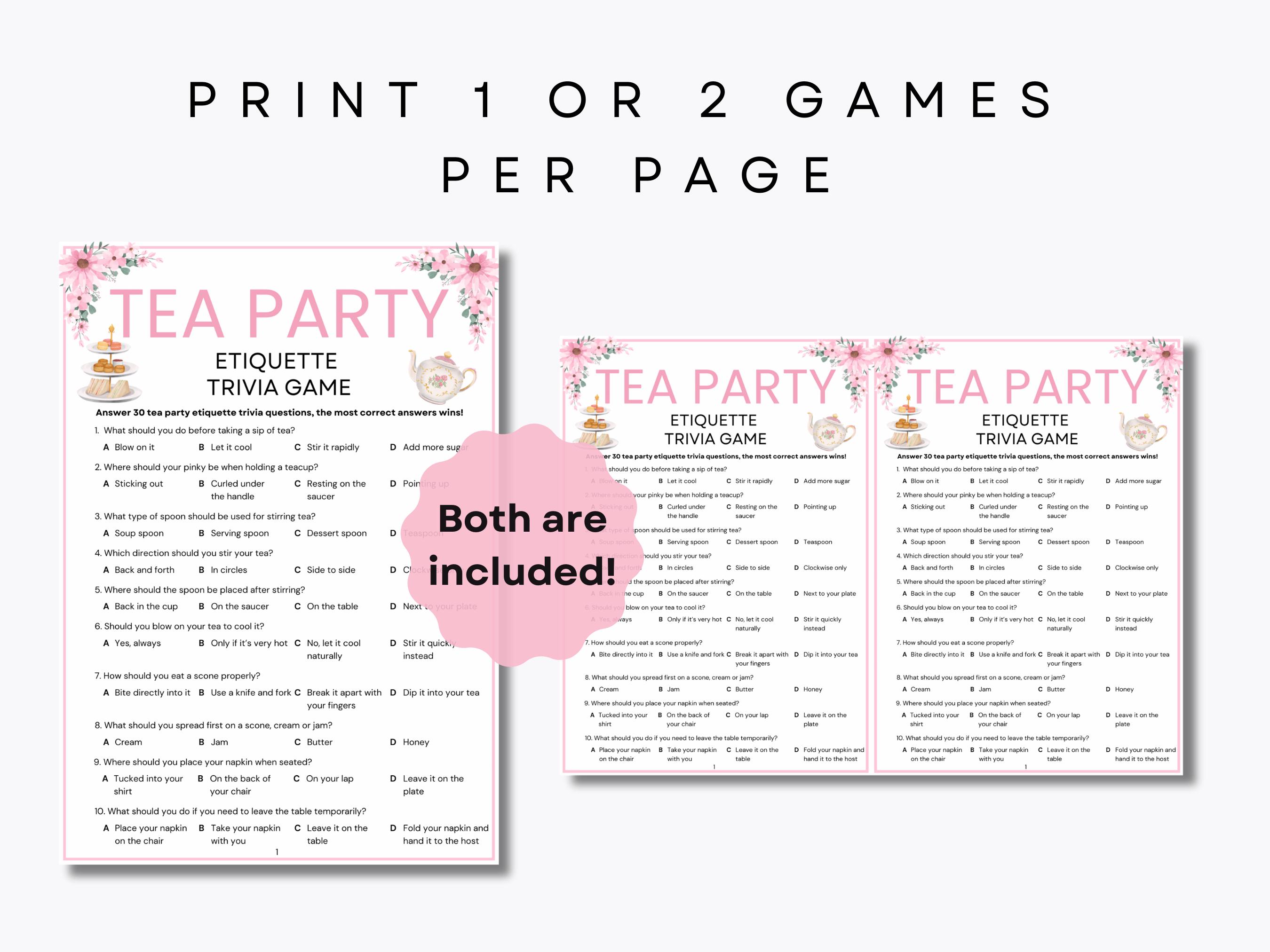 Tea Party Etiquette Trivia Game - 30 Trivia Questions - Afternoon Party ...