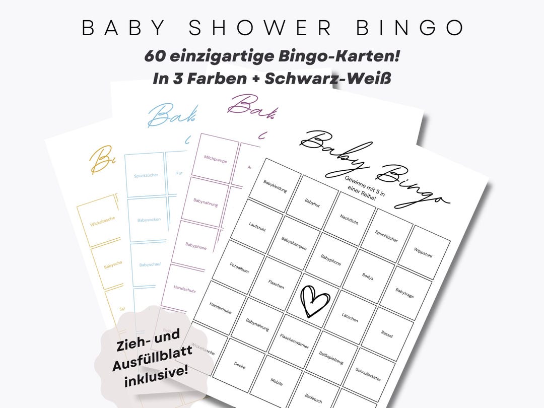 GERMAN Baby Shower Bingo Game 60 Unique Prefilled Bingo Sheets Bingo ...
