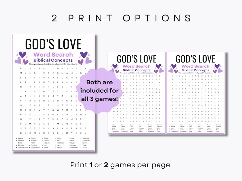 Gods Love Word Search Games - 3 Printable Games - Church Games - Bible ...