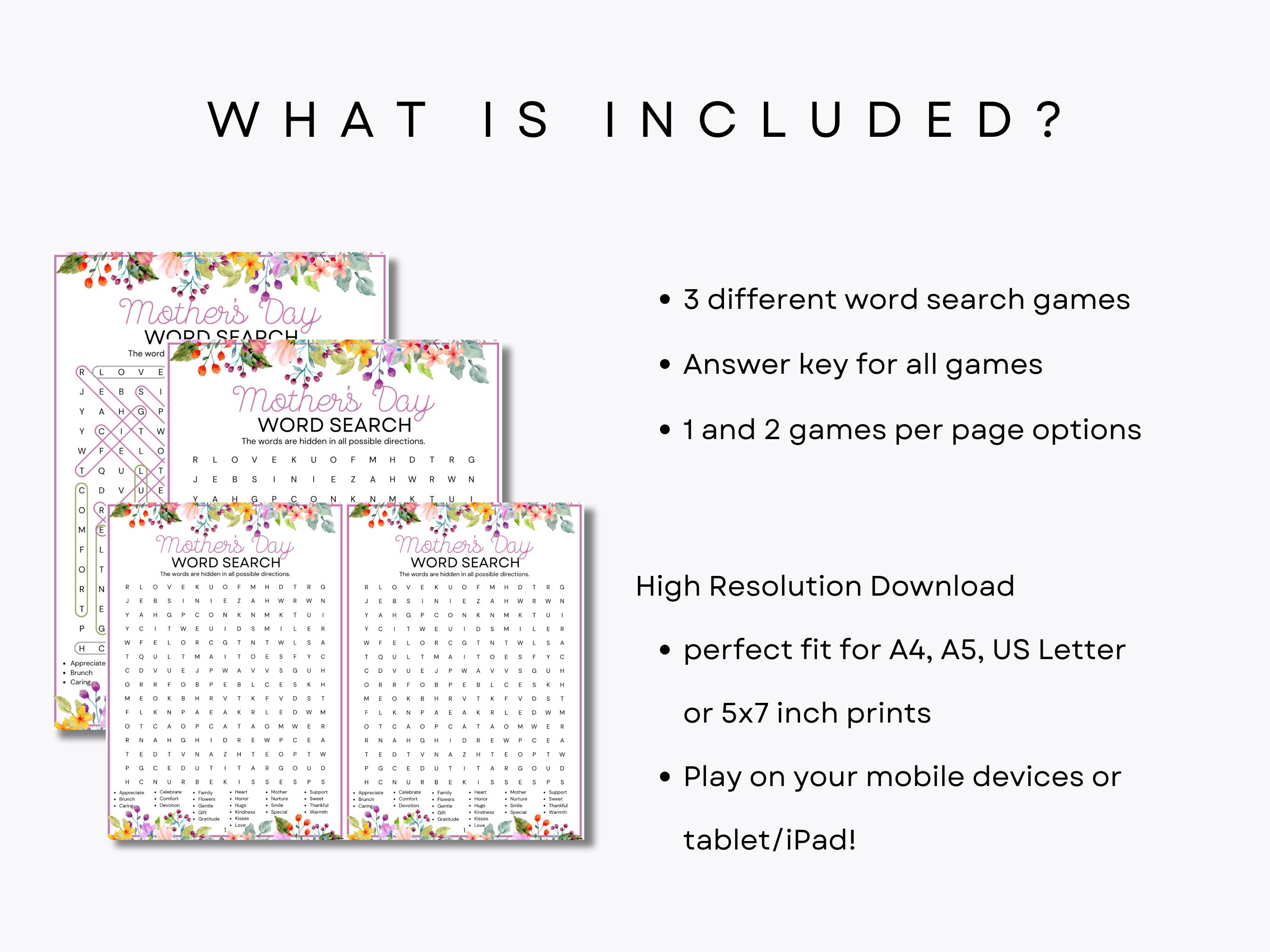 Mother's Day Word Search Game - 3 Printable Puzzles - Fun Worksheet ...