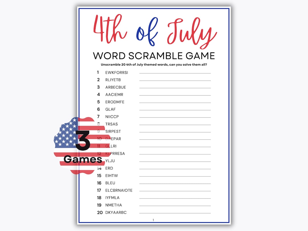 4th of July Word Scramble Games – 3 Printable Puzzles – Patriotic Party ...