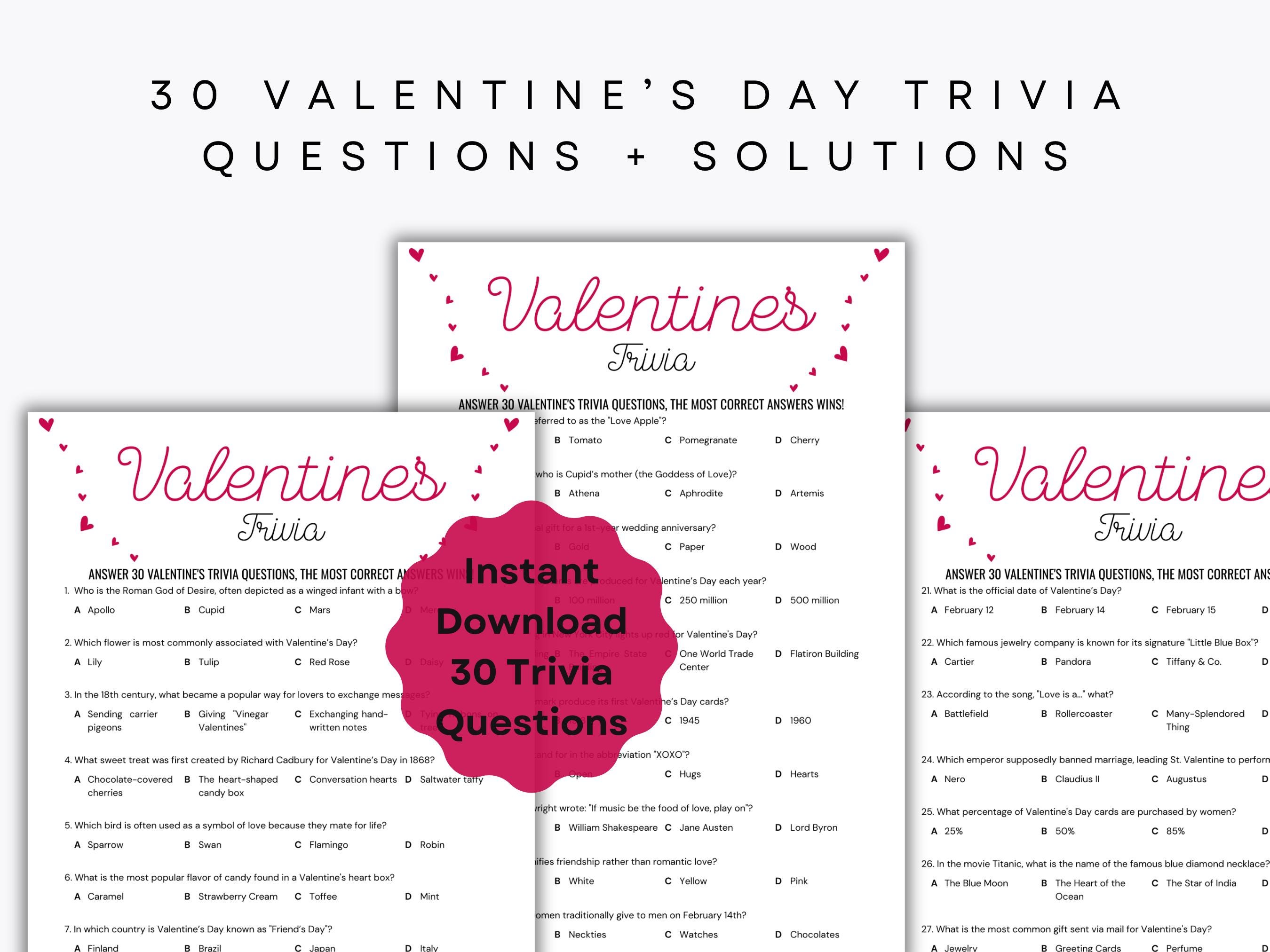Valentine's Day Trivia Game - 30 Trivia Questions - Afternoon Party ...