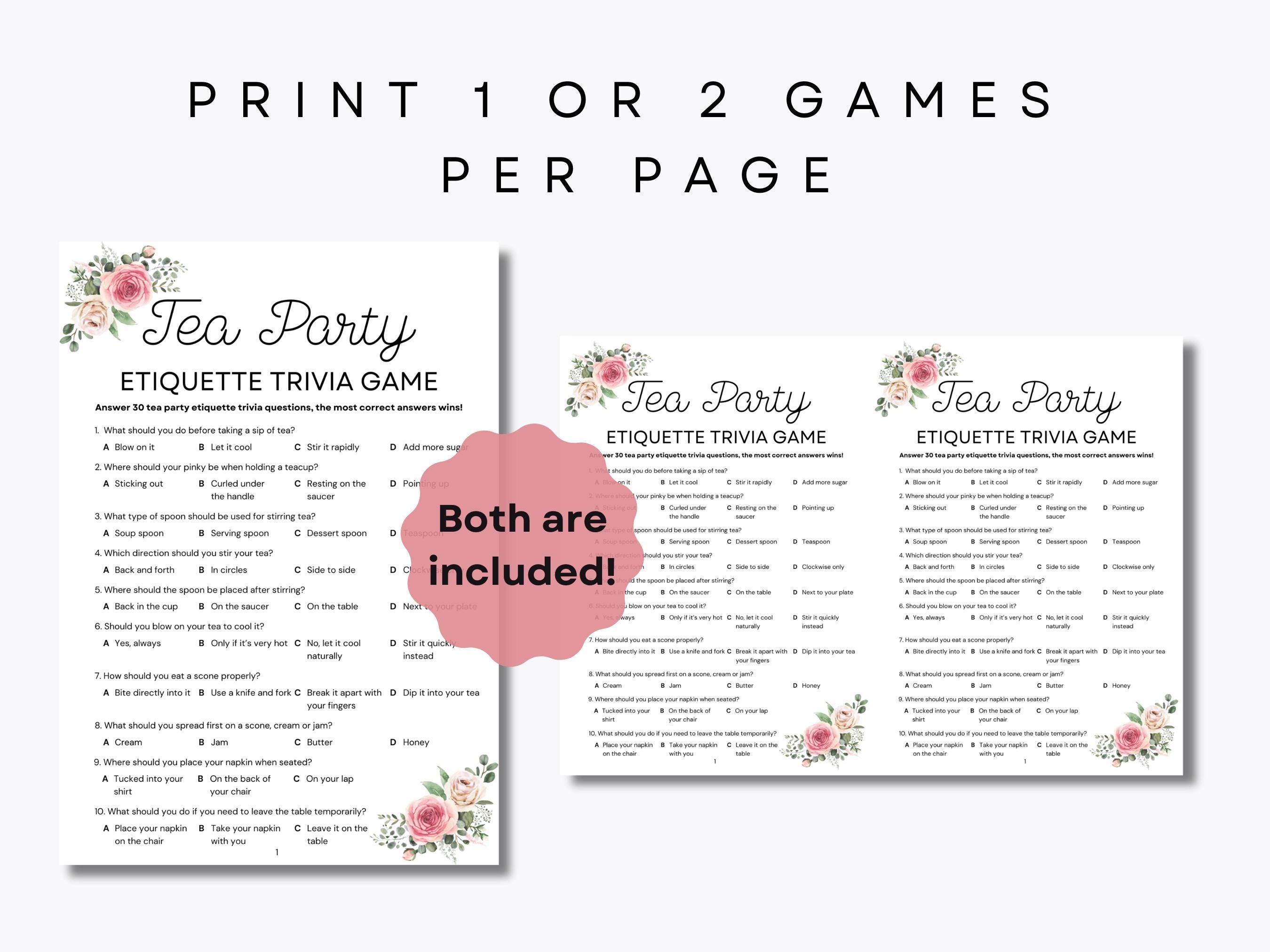 Tea Party Etiquette Trivia Game - 30 Trivia Questions - Afternoon Party ...