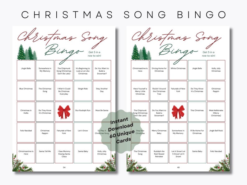 Christmas Song Bingo Game - 60 Unique Prefilled Bingo Sheets - Ready-to ...