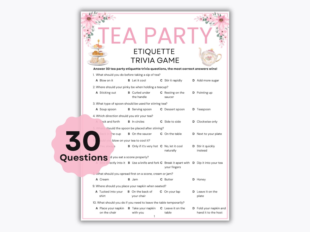 Tea Party Etiquette Trivia Game - 30 Trivia Questions - Afternoon Party ...