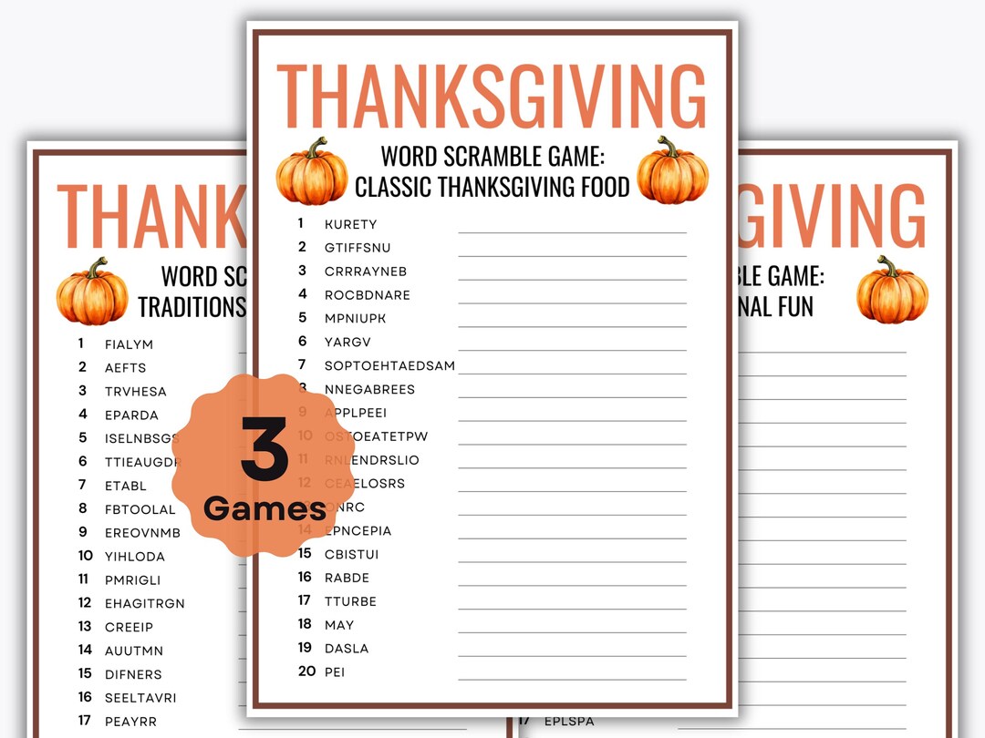 Thanksgiving Word Scramble Game – 3 Printable Puzzles – Family Activity ...