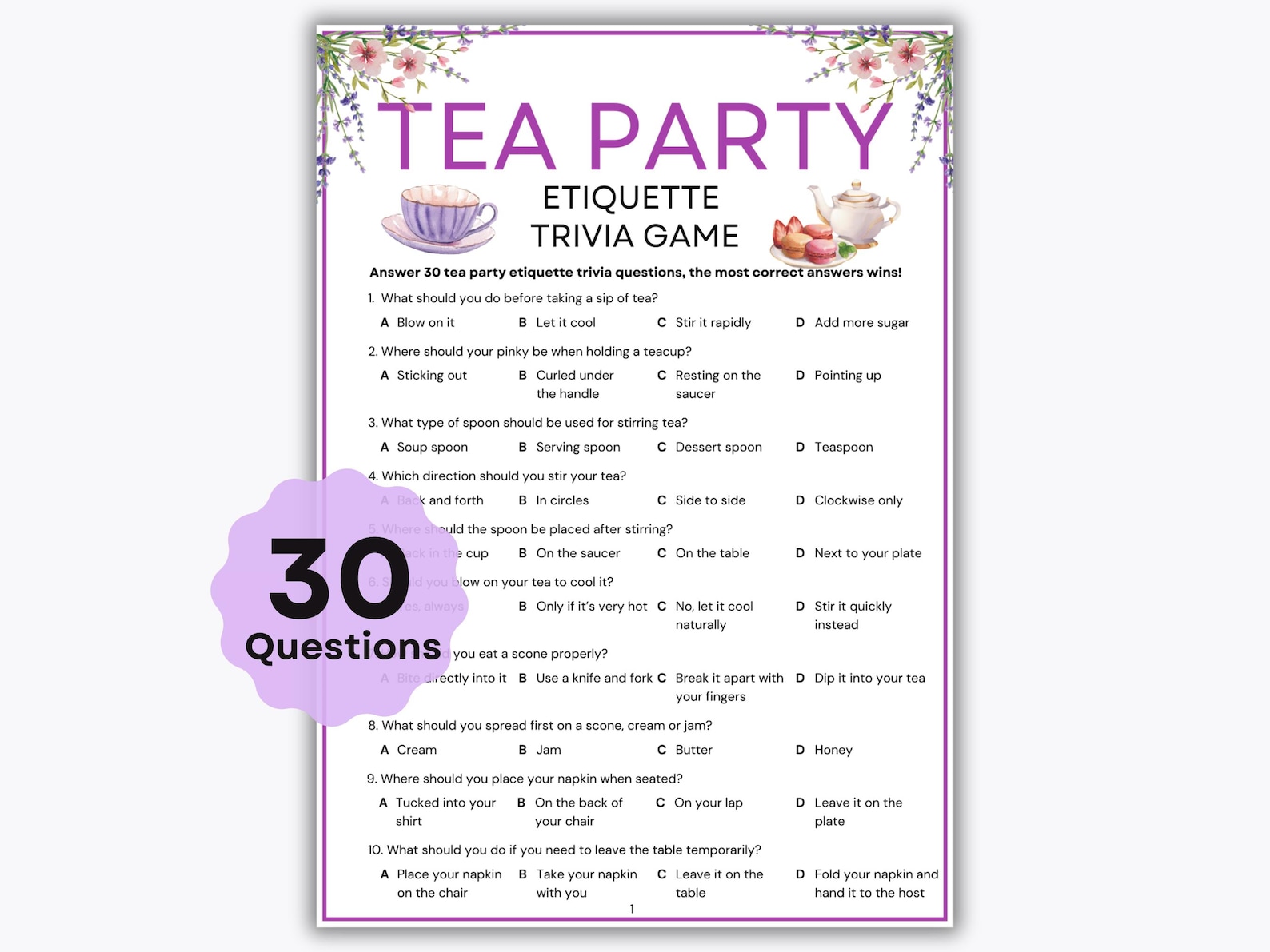 Tea Party Etiquette Trivia Game - 30 Trivia Questions - Afternoon Party ...