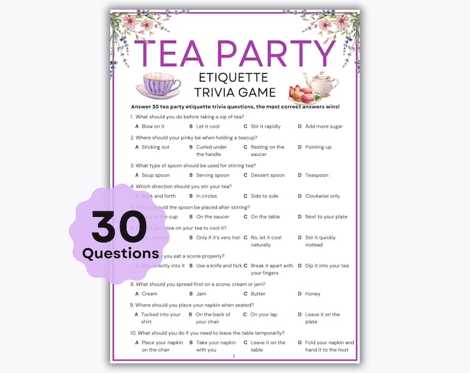 Tea Party Etiquette Trivia Game - 30 Trivia Questions - Afternoon Party ...
