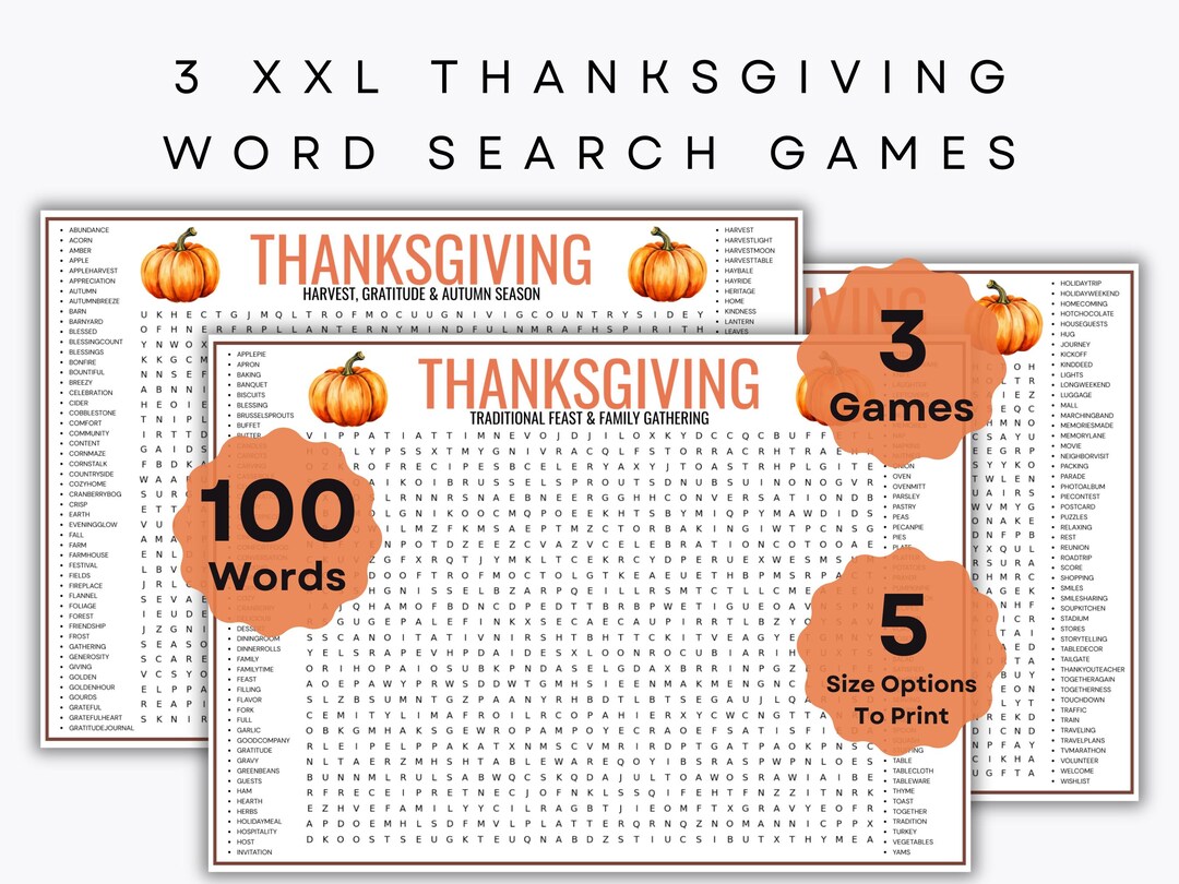 Giant XXL Thanksgiving Word Search Game - 100 Words - 3 Printable ...