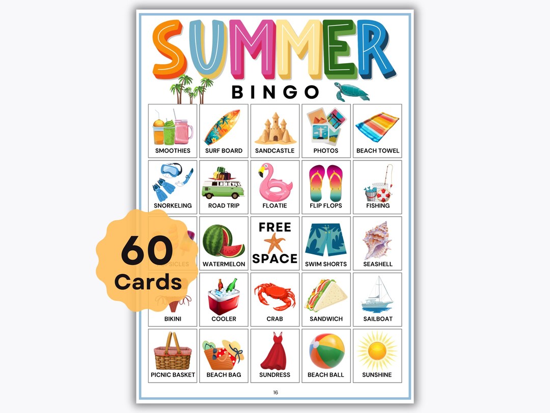 Summer Bingo – 60 Cards – Printable Summer Game – Entertaining Activity ...