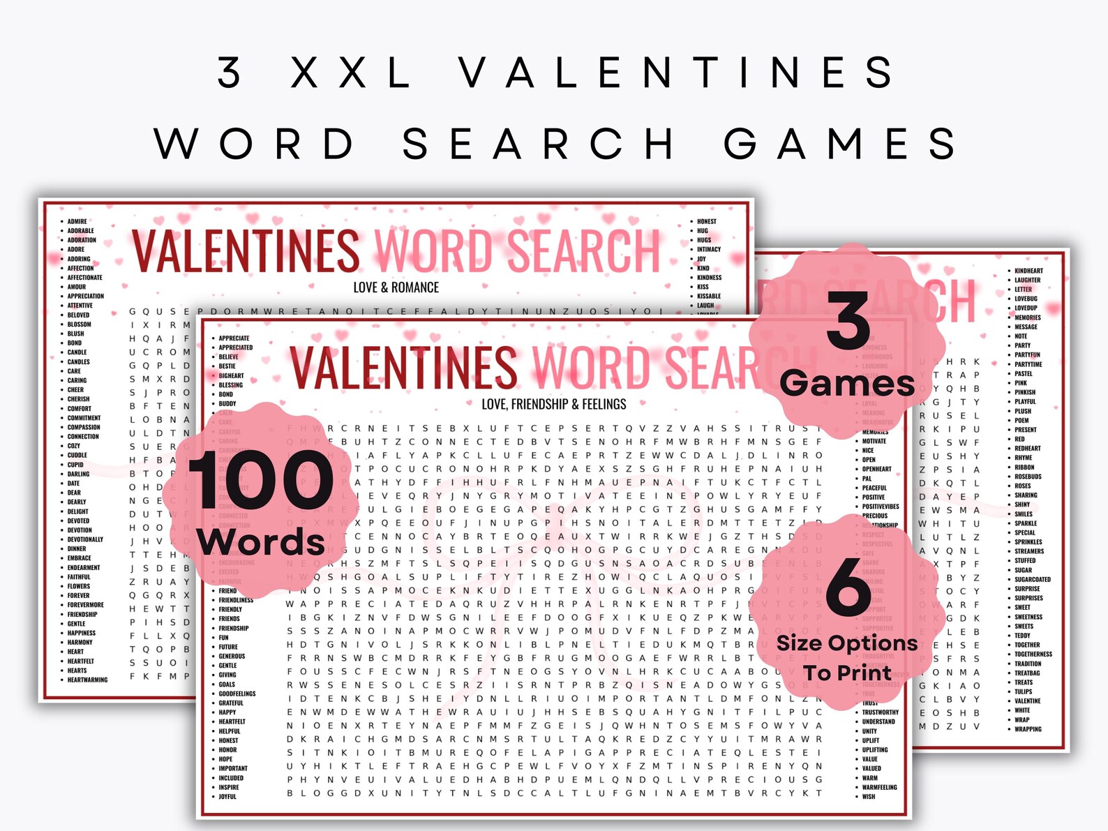 Giant XXL Valentine's Day Word Search Game - 100 Words - 3 Printable ...