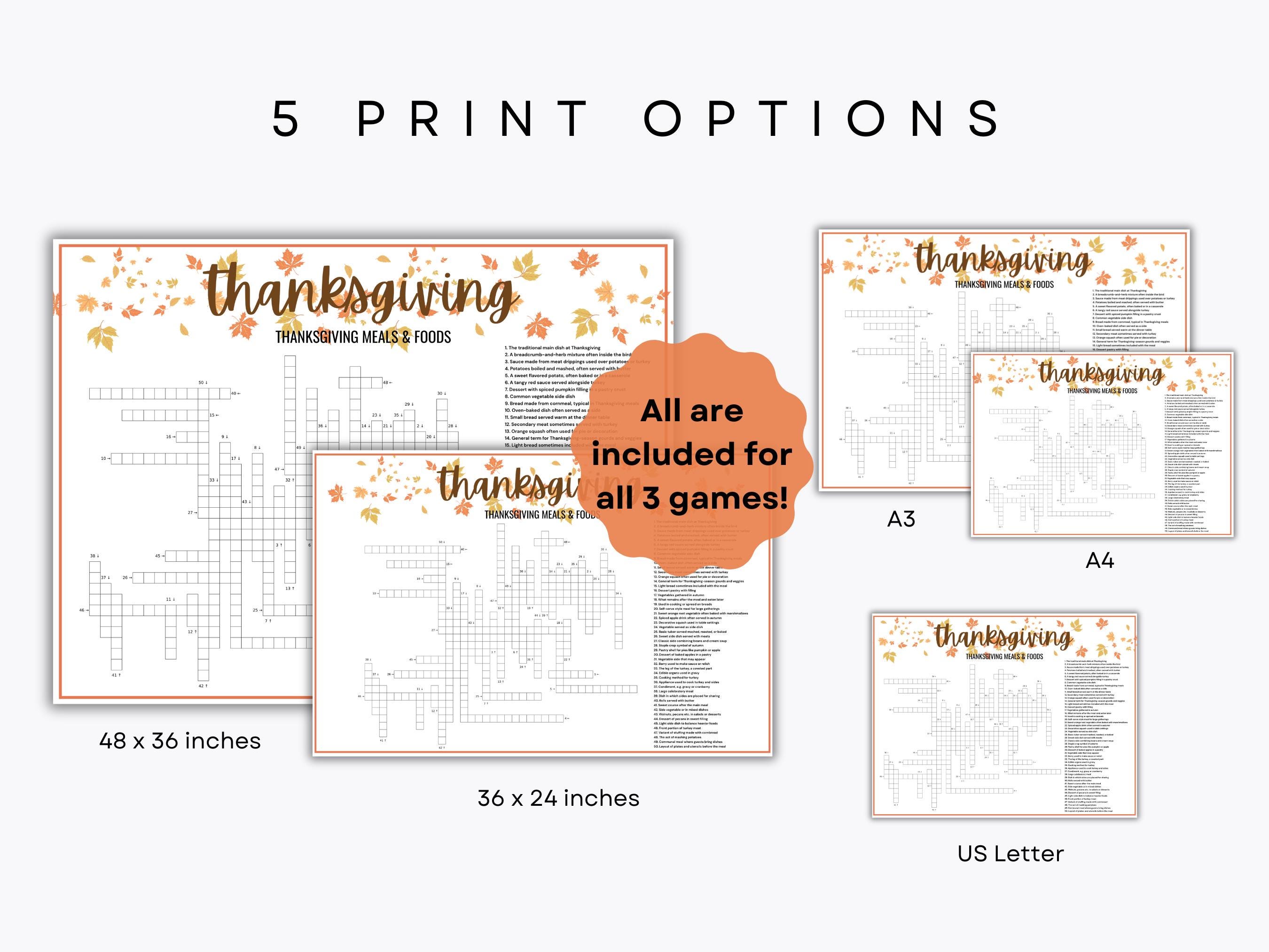 Giant XXL Thanksgiving Cross Words Game - 3 Printable Puzzles - Fun ...