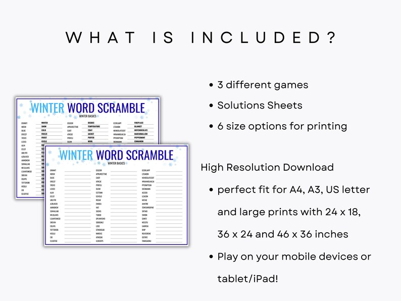 Giant XXL Winter Word Scramble Game - 3 Printable Puzzles - Fun Holiday ...