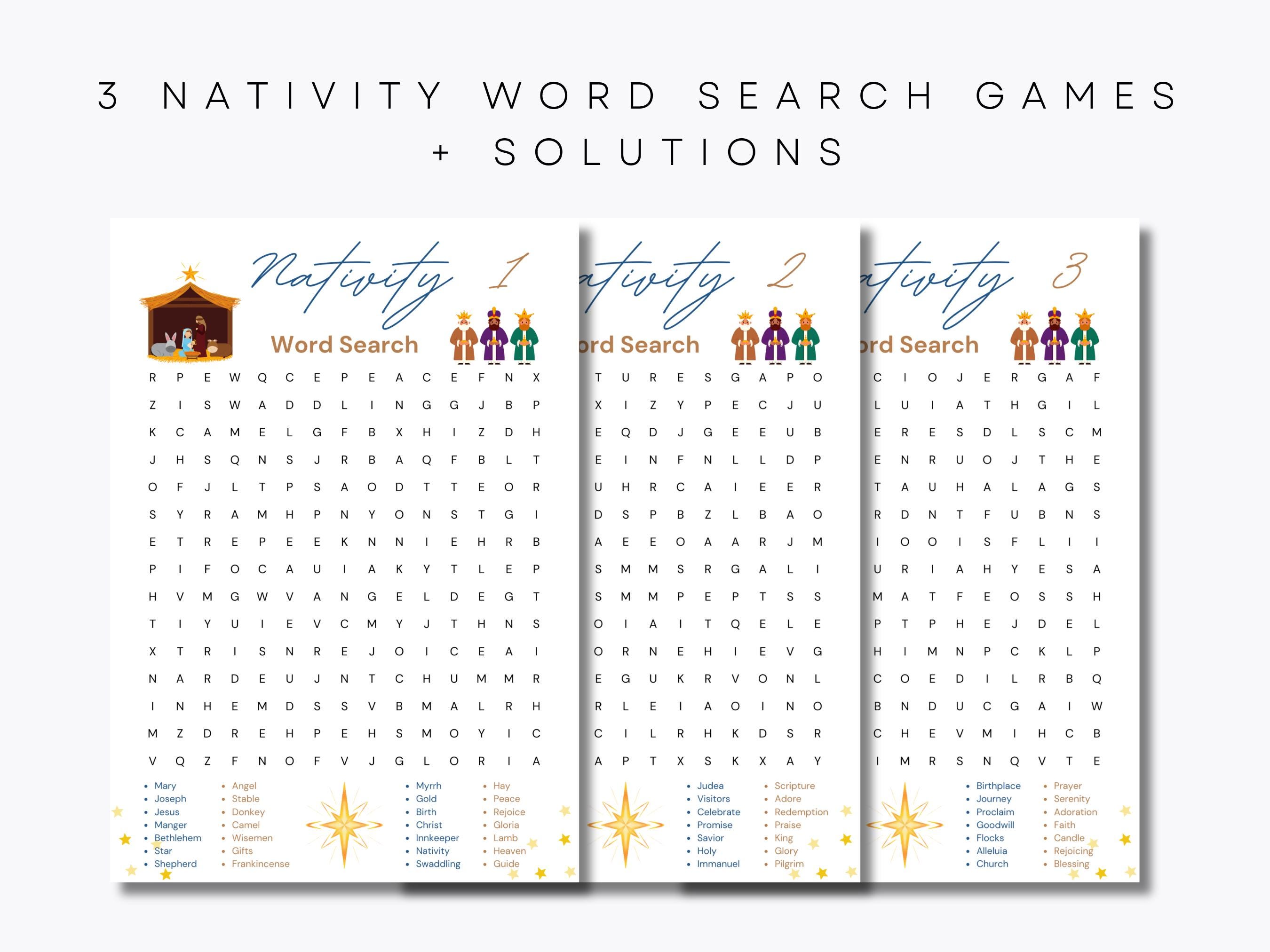 Nativity Word Search Game - 3 Printable Puzzles - Festive Holiday Party ...