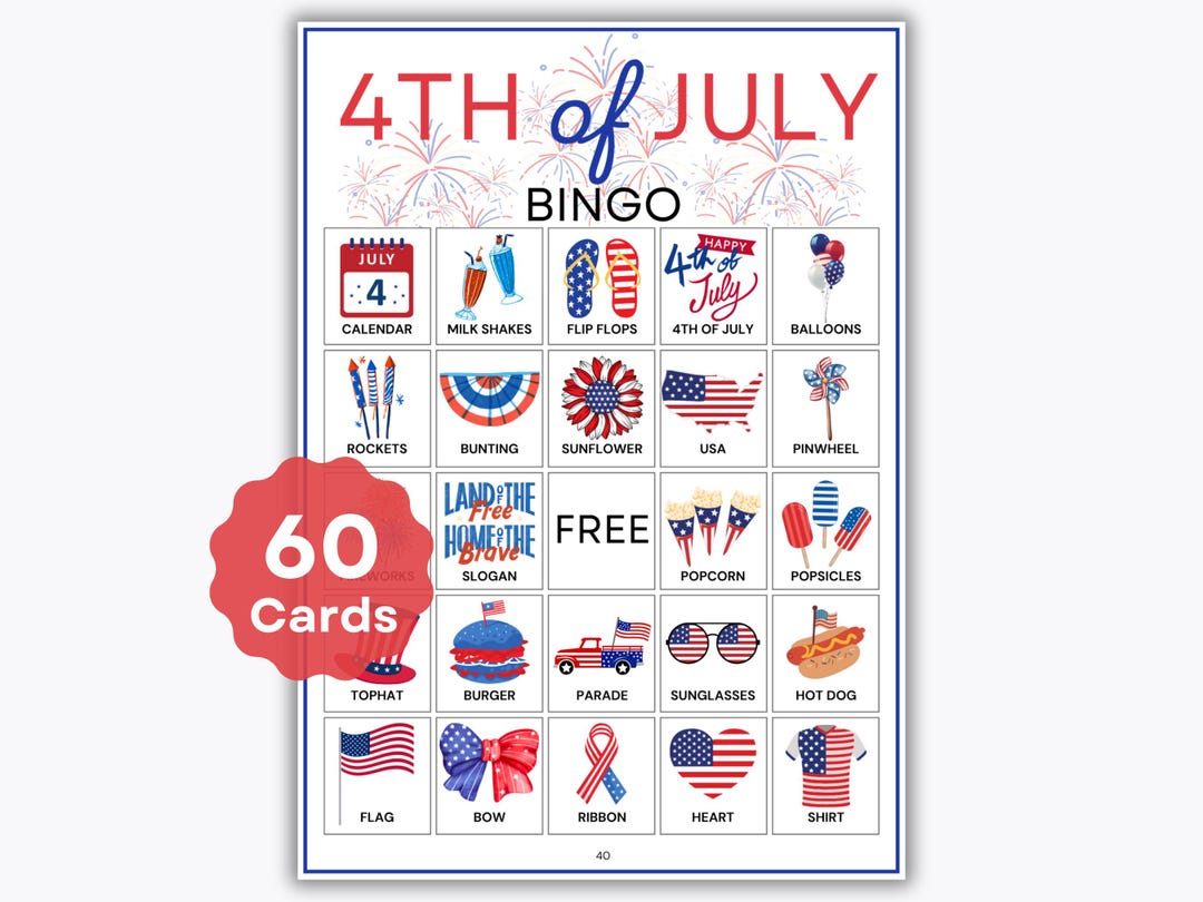 4th of July Bingo – 60 Cards – Printable Independence Day Activity ...
