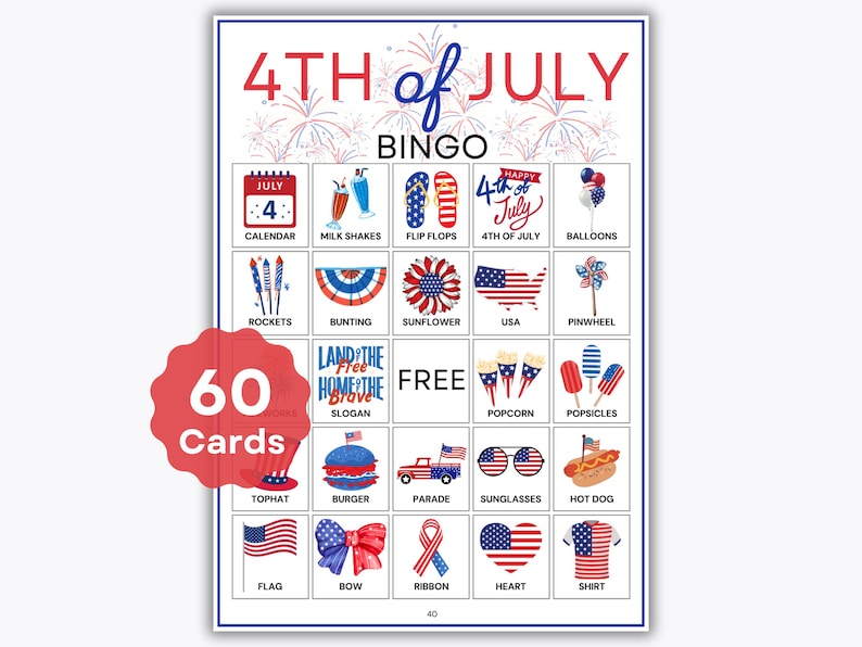 4th of July Bingo – 60 Cards – Printable Independence Day Activity ...