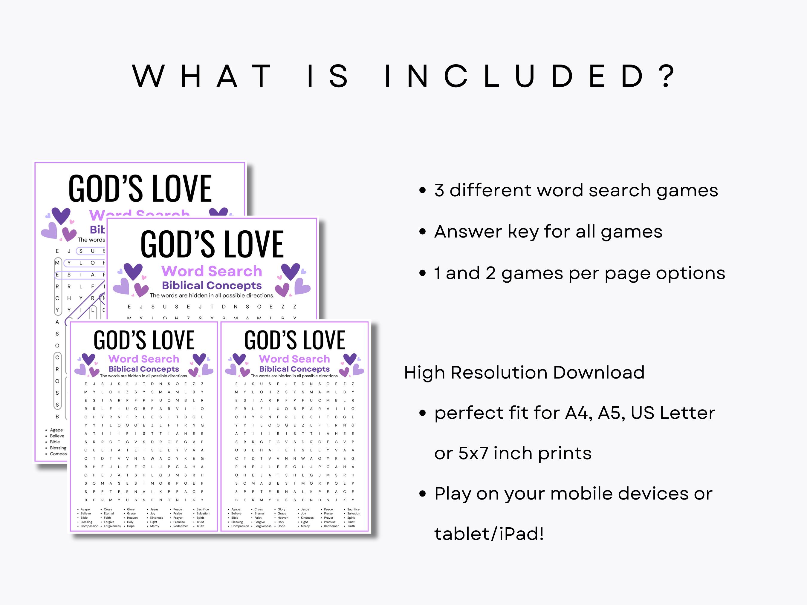 Gods Love Word Search Games - 3 Printable Games - Church Games - Bible ...