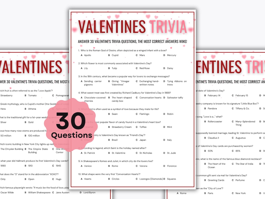 Valentine's Day Trivia Game - 30 Trivia Questions - Afternoon Party ...