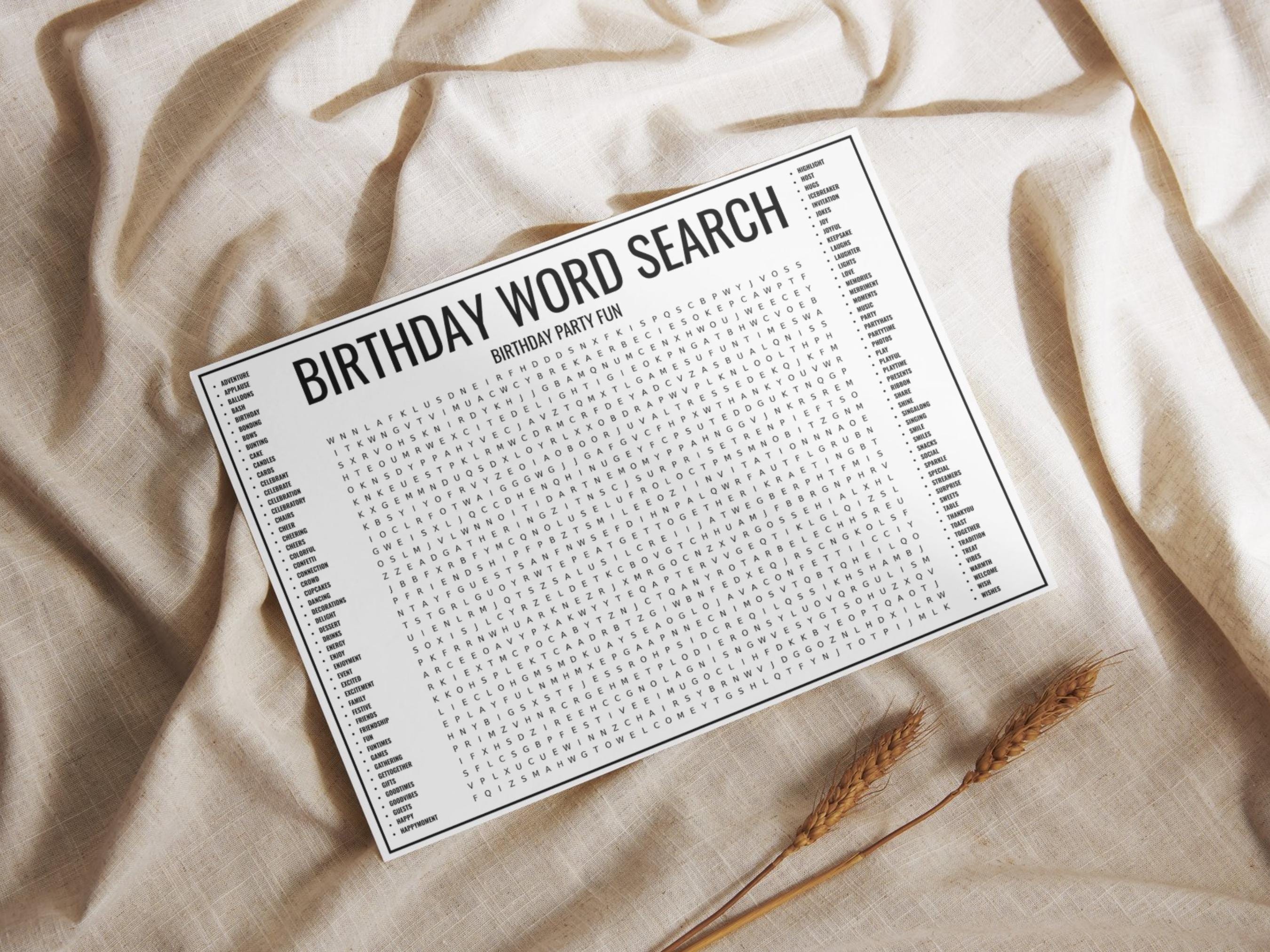Giant XXL Birthday Party Word Search – 100 Words – 3 Printable Puzzles ...