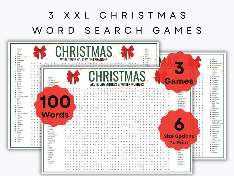 Giant XXL Christmas Word Search Game - 100 Words - 3 Printable Puzzles ...