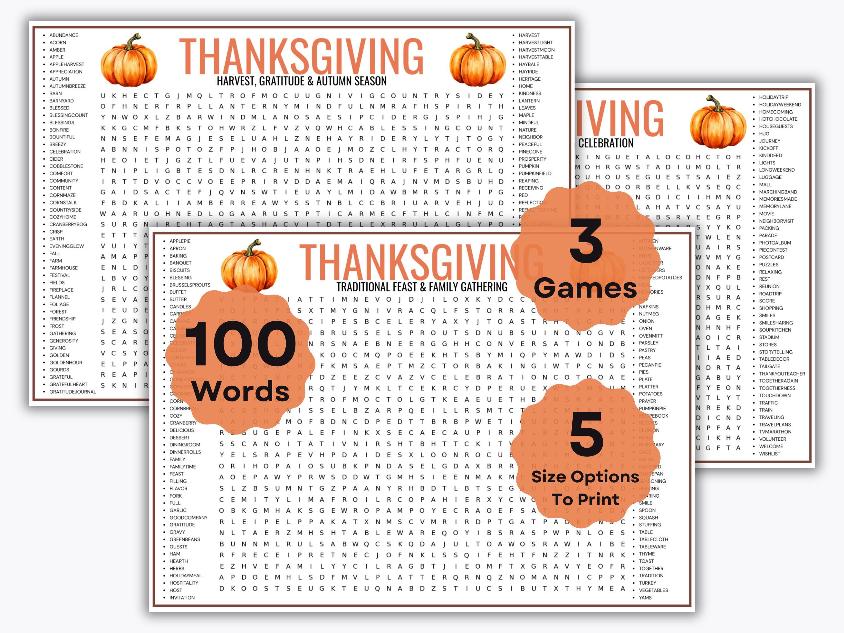 Giant XXL Thanksgiving Word Search Game - 100 Words - 3 Printable ...