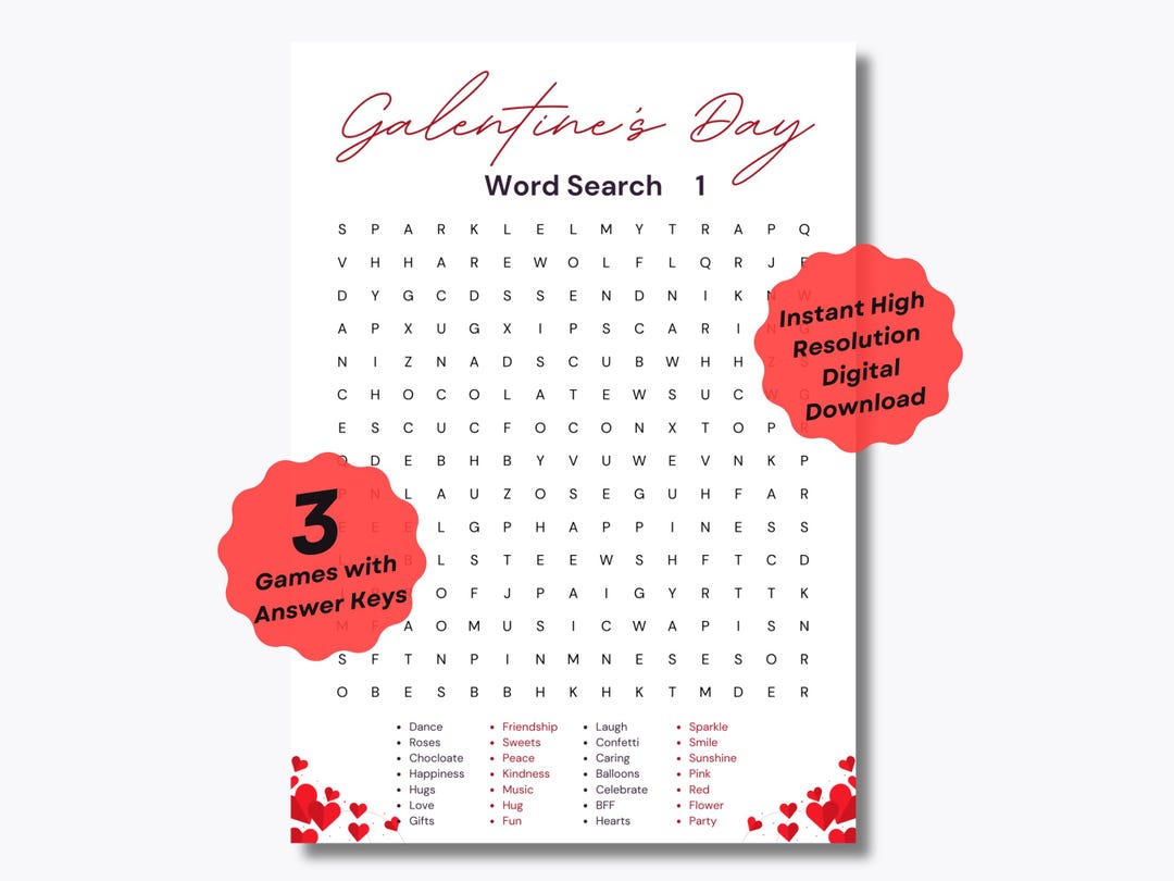Galentine's Word Search Game - 3 Printable Puzzles - Fun Worksheet ...