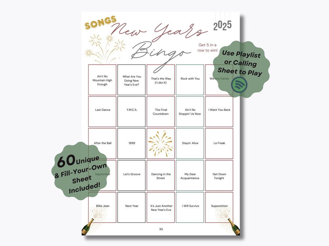 New Years Classic Songs Bingo Game 60 Unique Prefilled Bingo Sheets ...