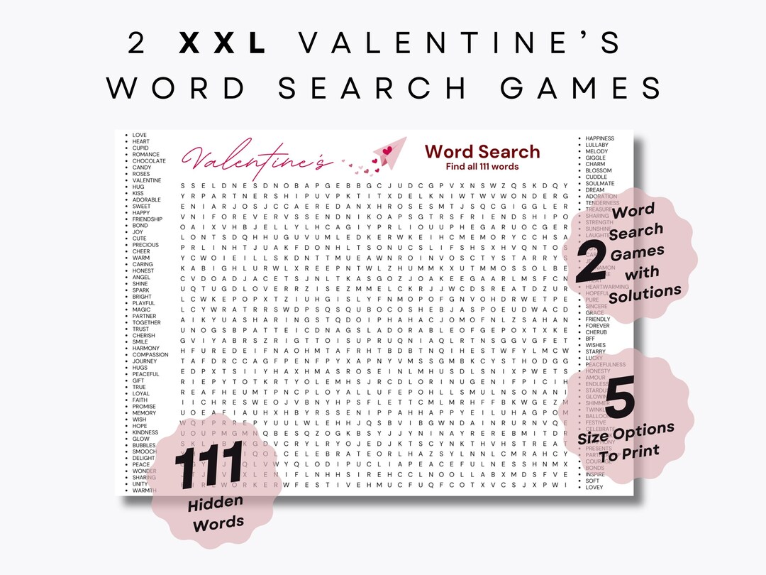 Giant XXL Valentine's Day Word Search Game - 111 Words - 2 Printable ...