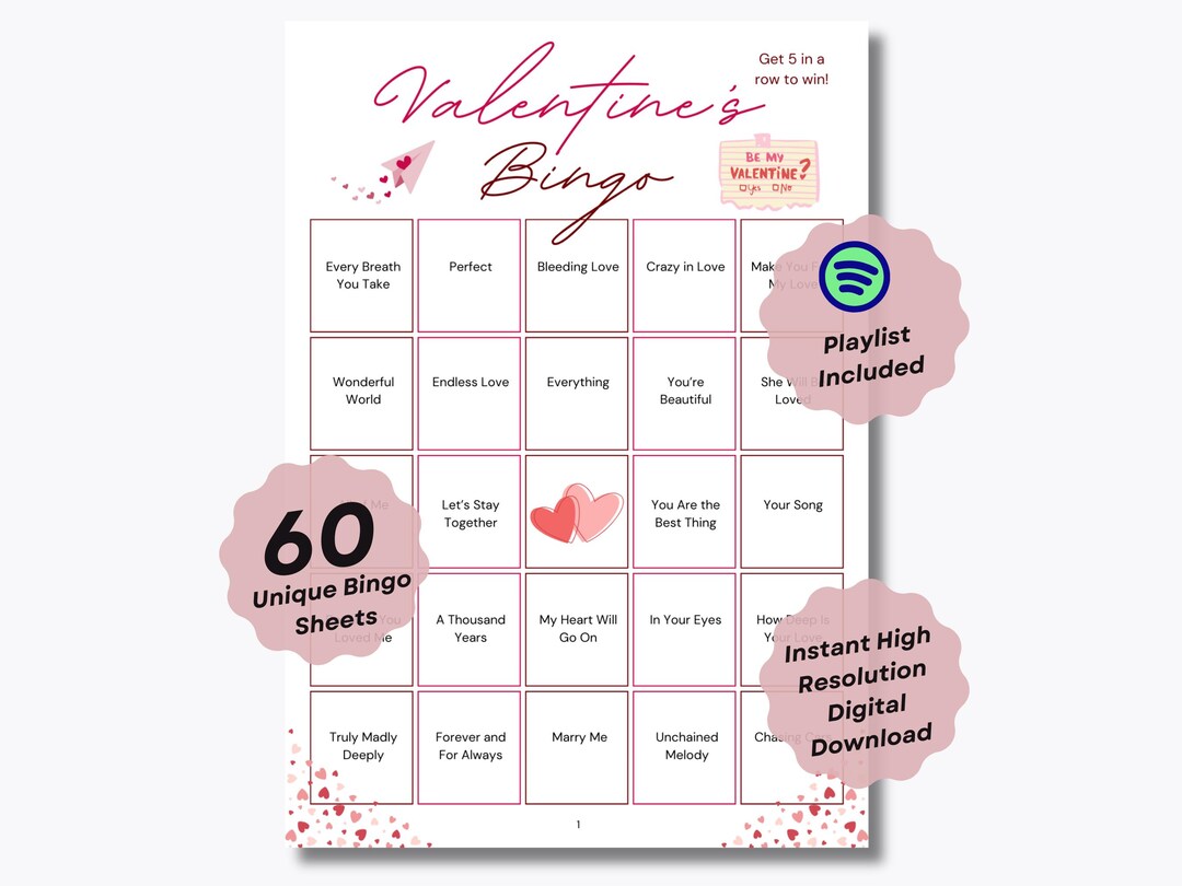Valentine's Song Bingo Game - 60 Unique Prefilled Bingo Sheets - Ready ...