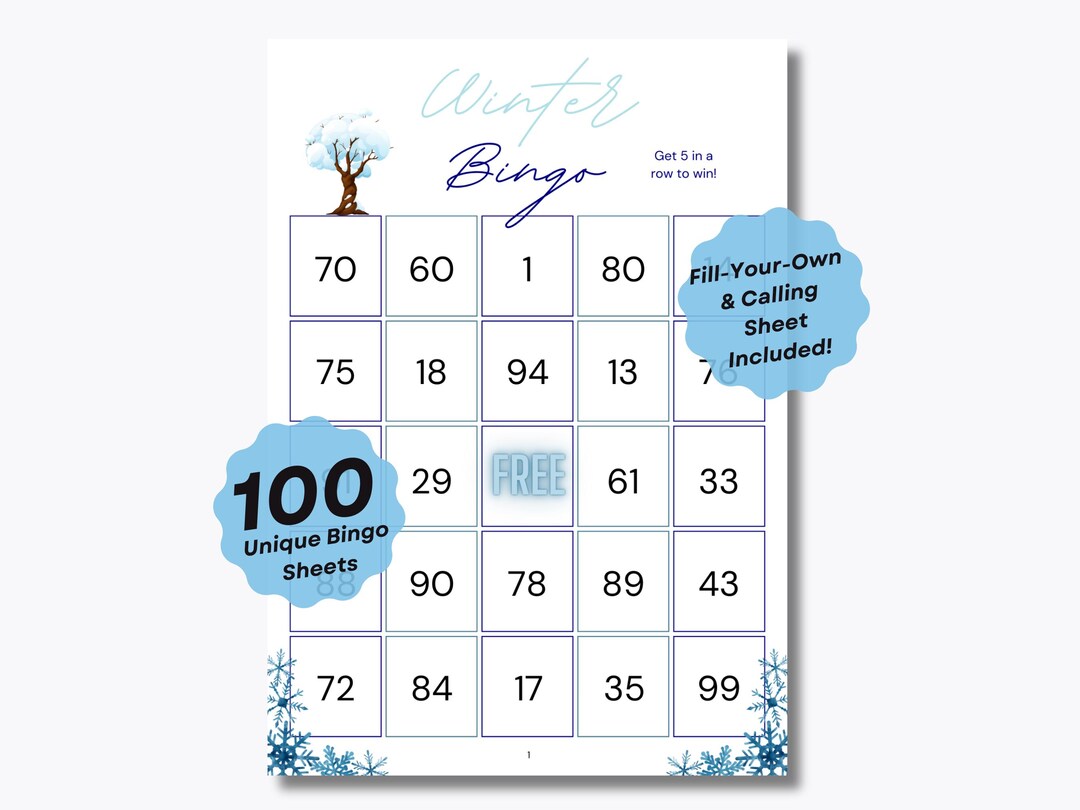 Winter Number Bingo Game - 100 Bingo Sheets - Printable Winter Bingo ...