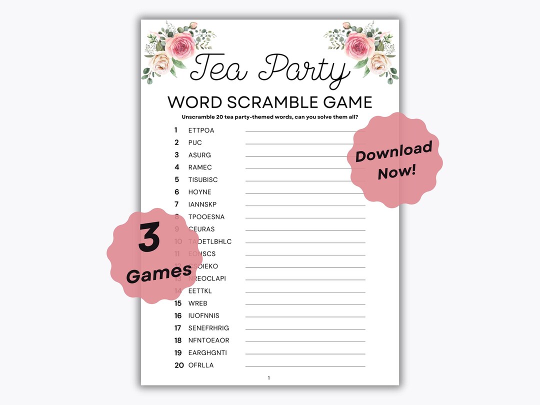 3 Tea Party Word Scramble Games - 3 Printable Puzzles - Fun Worksheet ...