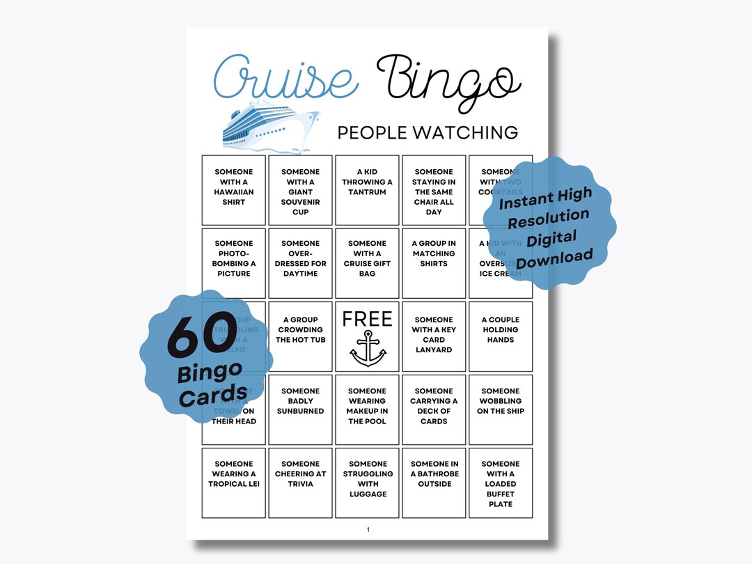 Cruise Bingo - People Watching – 60 Unique Prefilled Bingo Cards ...