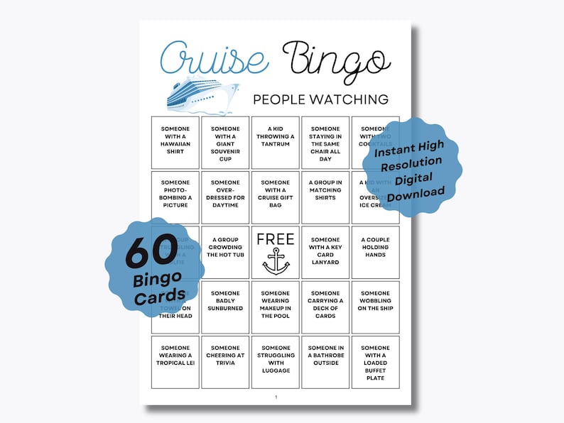 Cruise Bingo - People Watching – 60 Unique Prefilled Bingo Cards ...
