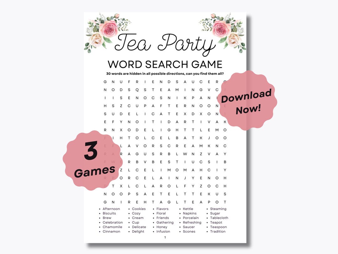 3 Tea Party Word Search Games - 3 Printable Puzzles - Fun Worksheet ...