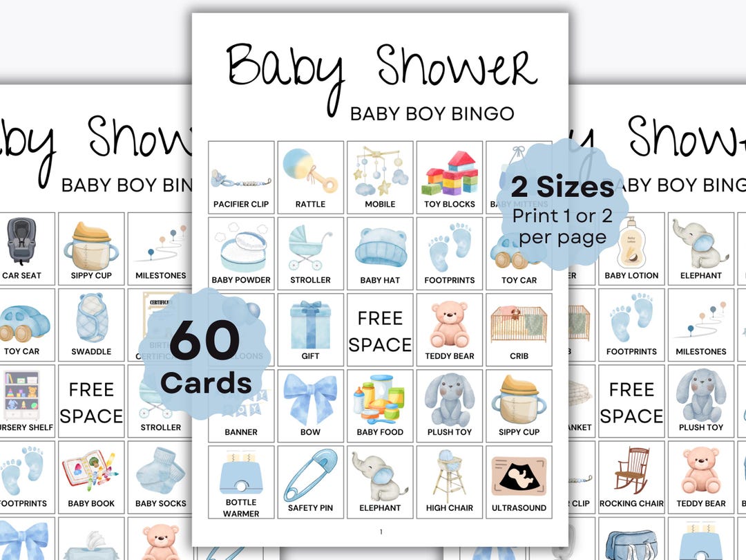 Baby Boy Bingo - 60 Cards - Baby Shower Game - Baby Shower Activity ...