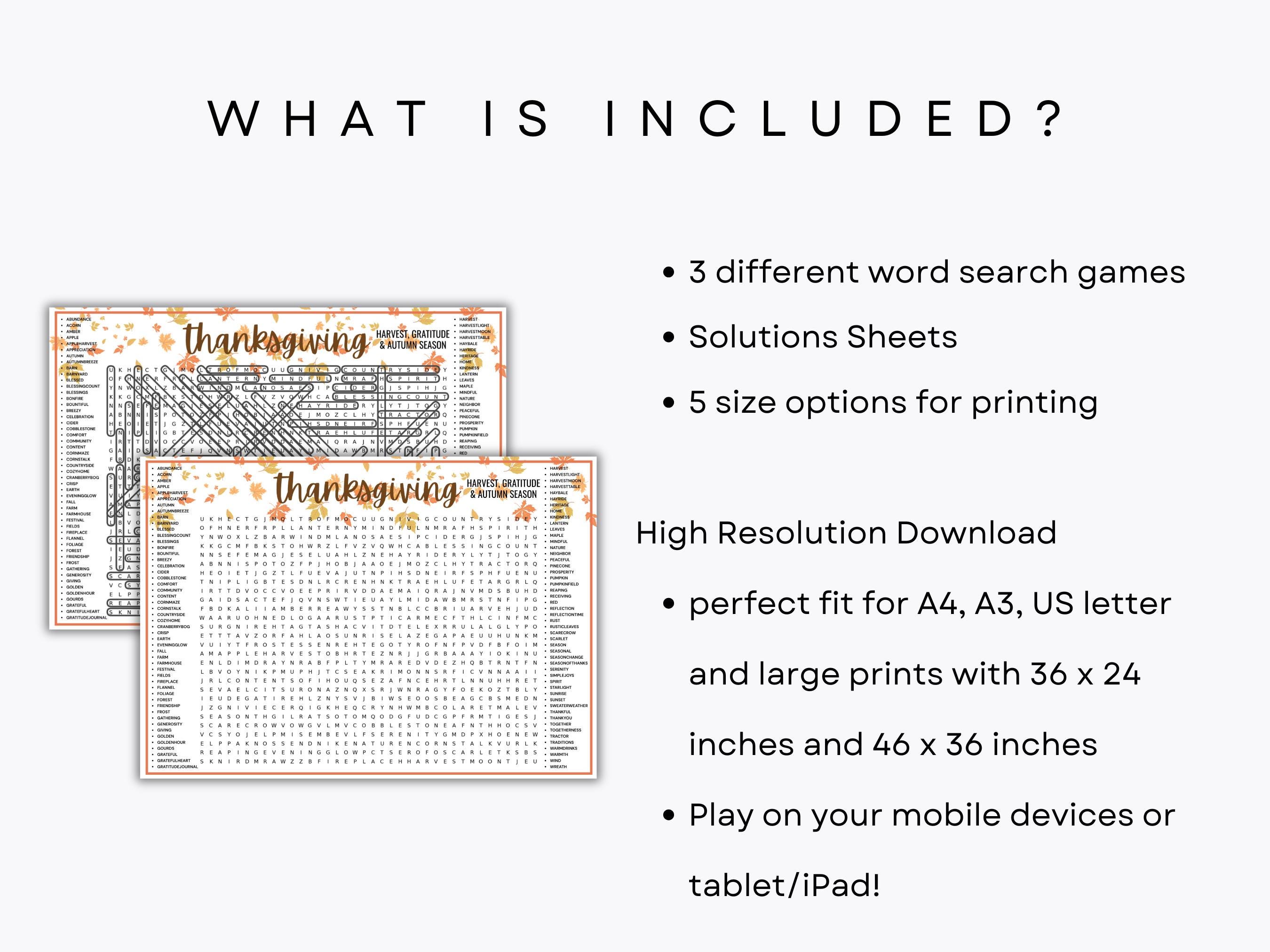 Giant XXL Thanksgiving Word Search Game - 100 Words - 3 Printable ...