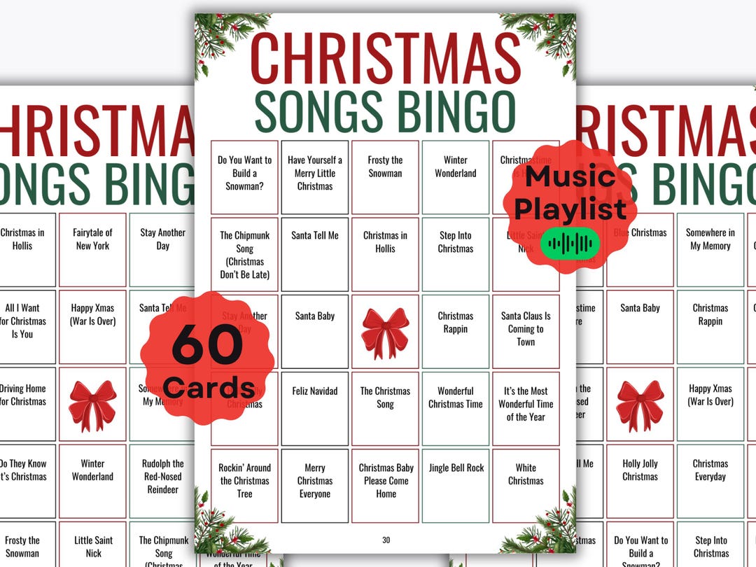 Christmas Song Bingo Game - 60 Unique Prefilled Bingo Sheets - Ready-to ...