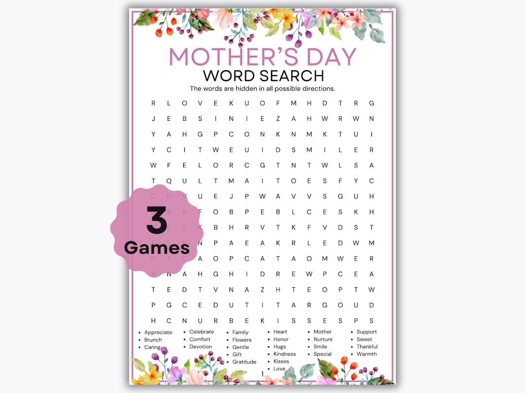 Mother's Day Word Search Game - 3 Printable Puzzles - Fun Worksheet ...