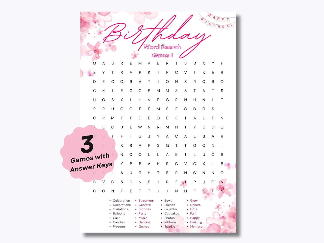 Birthday Word Search Game - 3 Printable Puzzles - Fun Worksheet ...
