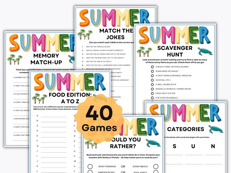 40 Summer Games - Printable Party Games - Family Activity - Summer Camp ...