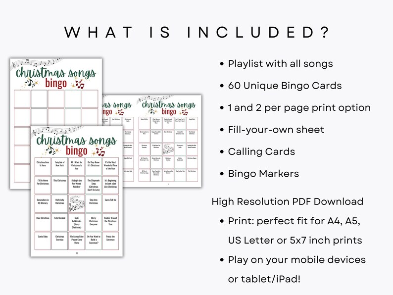 Christmas Song Bingo Game - 60 Unique Prefilled Bingo Sheets - Ready-to ...