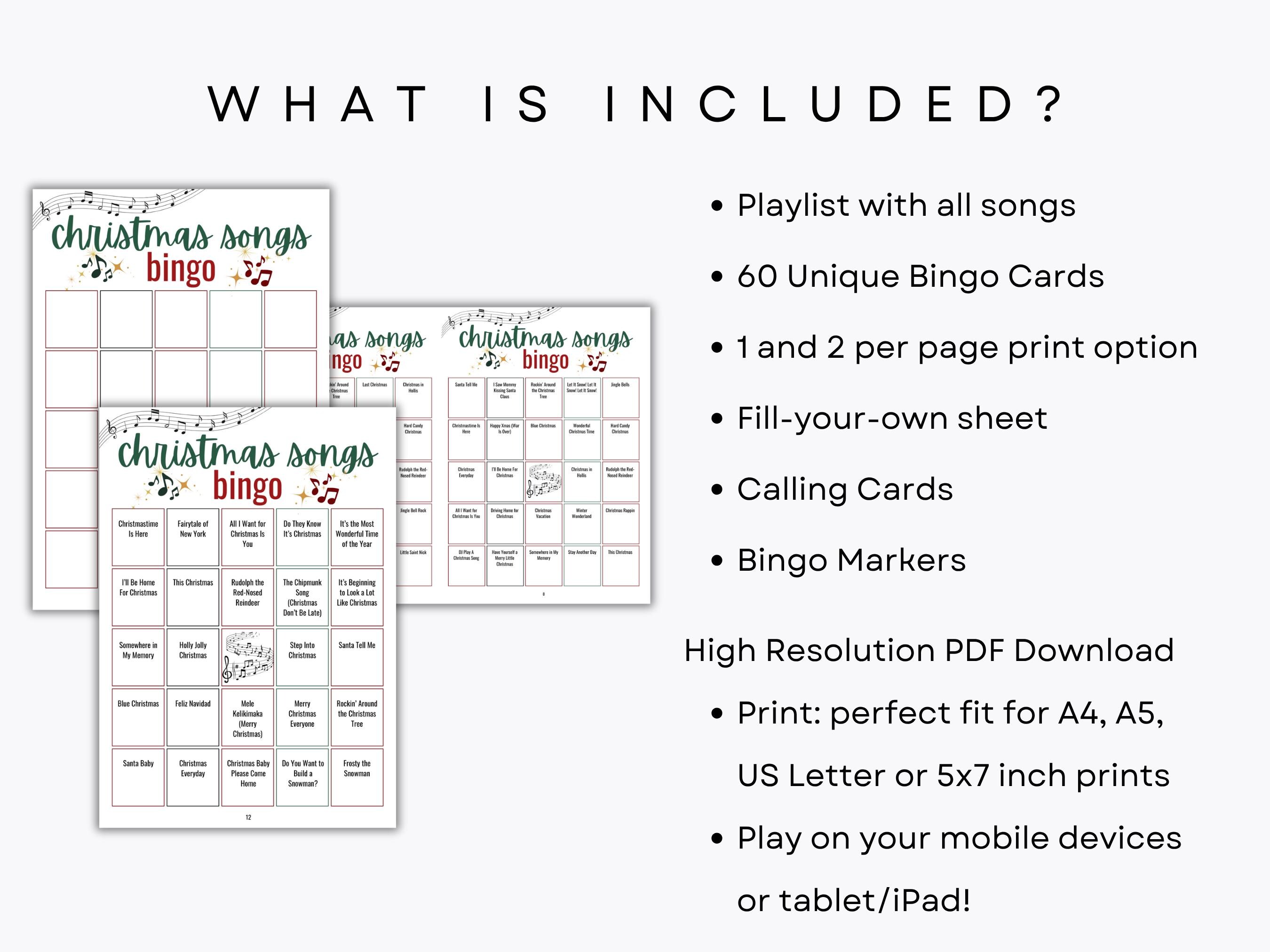Christmas Song Bingo Game - 60 Unique Prefilled Bingo Sheets - Ready-to ...