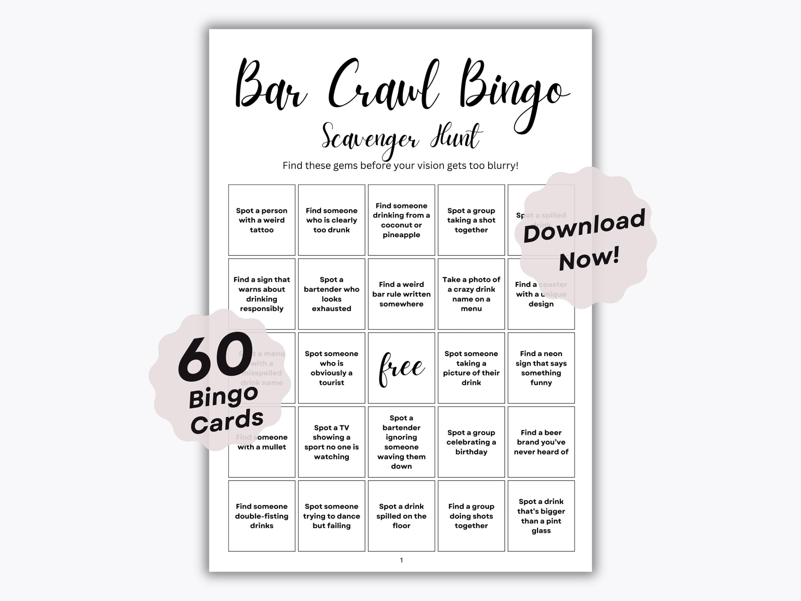 60 Bar Crawl Bingo Cards - Scavenger Hunt - 60 Unique Bingo Sheets ...
